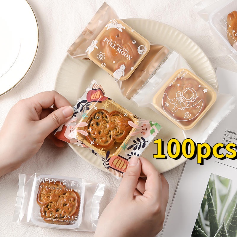 100pcs Mooncake Tray with Packaging Bag 50g 100g Moon Cake Packing Beg Set 75g 80g Rabbit Seal ...