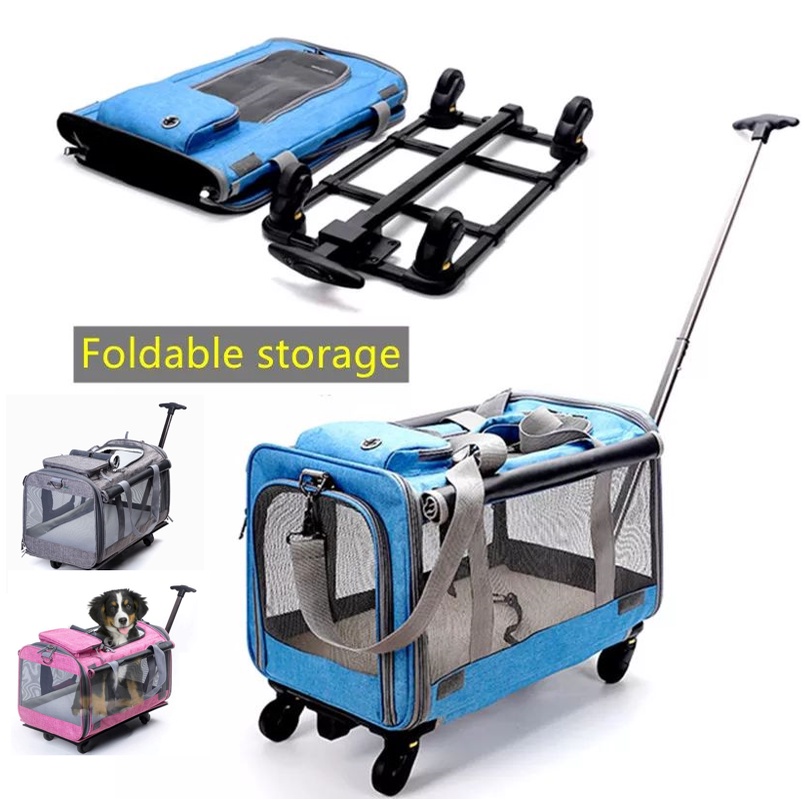 Pet Trolley Stroller Foldable Sling Bag Dog Cat Carrier Travel Portable ...