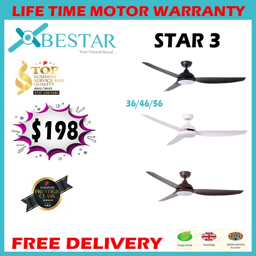 Bestar Star 3 DC Ceiling Fan with 24W 3 Tone LED Light Kit and Remote ...