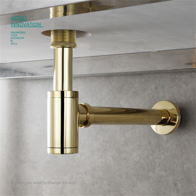 Brushed Gold Solid Brass Bathroom Basin Bottle Plumbing P-Trap Wash ...
