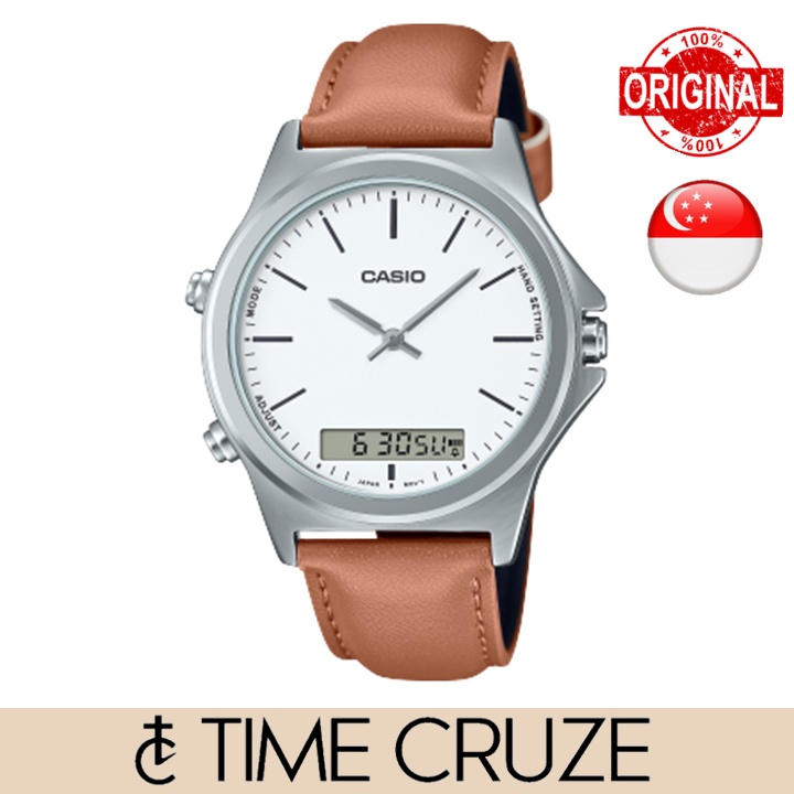 [Time Cruze] Casio MTP-VC01 Brown Leather Strap Quartz Analog Digital White Dial Men Watch MTP ...