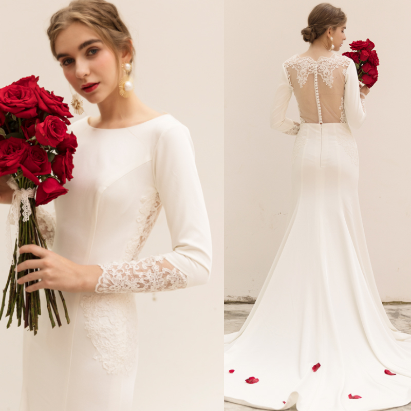 Lady White Long-sleeved Bridal Gown Satin Trailing Wedding Dress ...