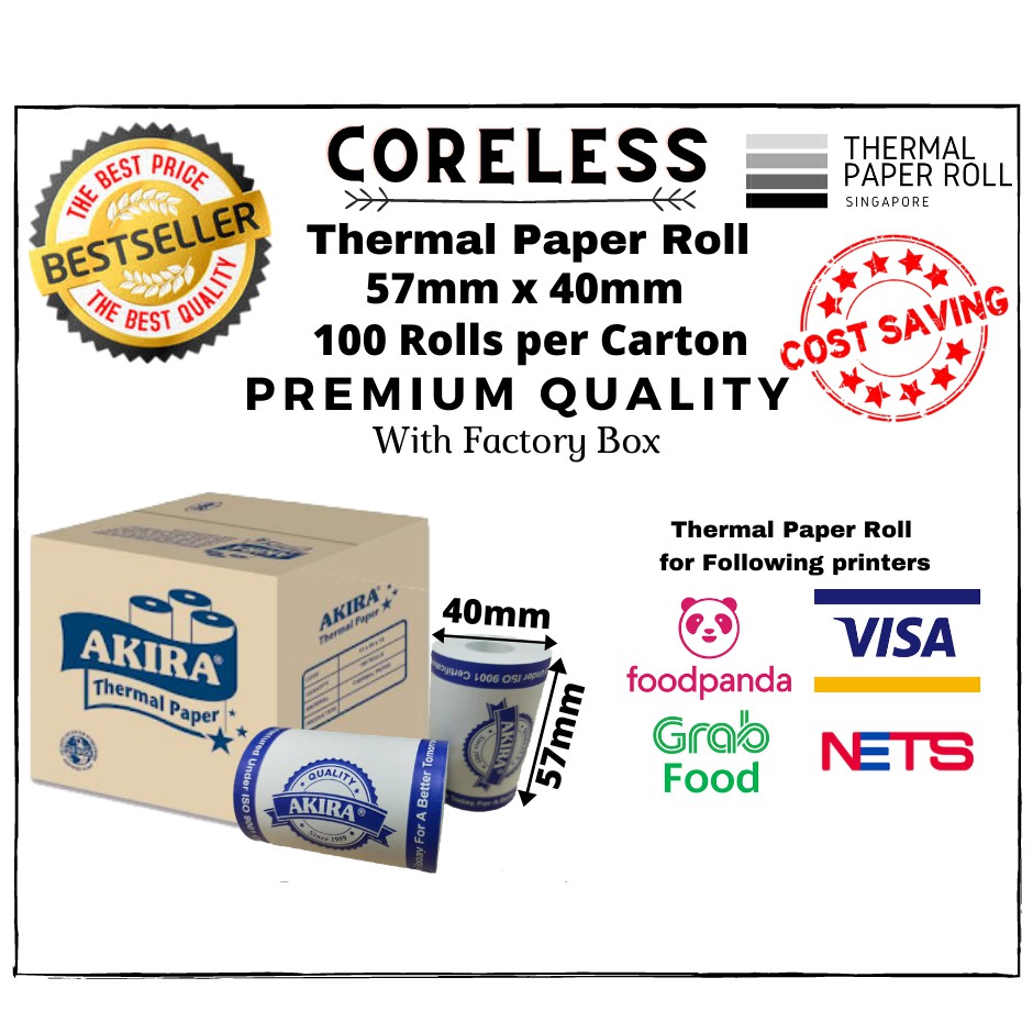 Nets Thermal Paper Roll *Coreless* 57mm x 40mm *Premium Quality * 100 ...