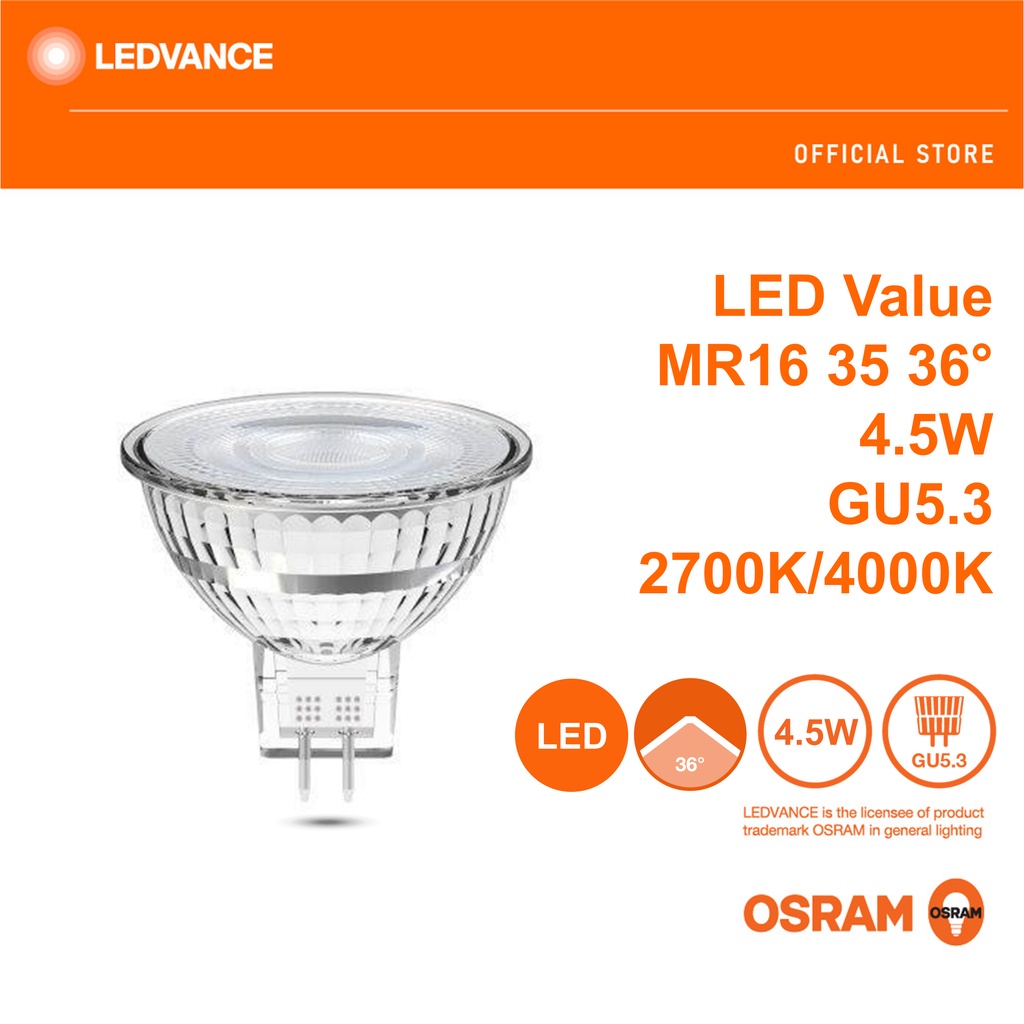 OSRAM LED Value MR16 35 36° 4.5W GU5.3 (2700K/4000K) | Shopee Singapore