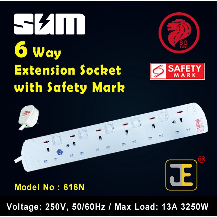 2 to 6 Way Extension Safety Mark Socket (2, 3 & 6 Meter) | Shopee Singapore