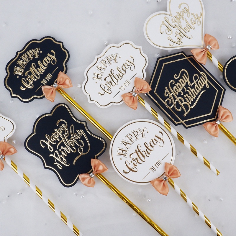Happy Birthday Paper Cake Topper/Happy Birthday Straw Gold White Round ...