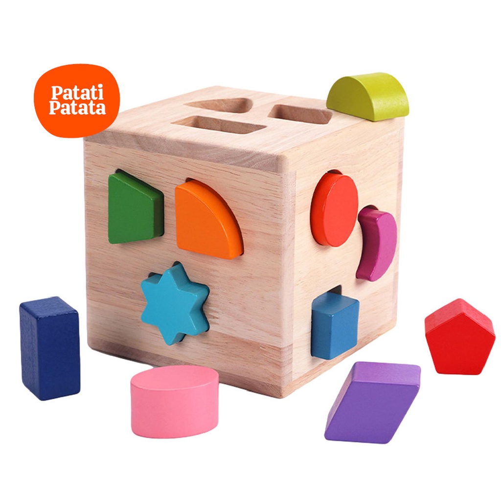 [SG Seller] Classic Wooden Cube Shape Sorter Box Solid Geometric Block ...