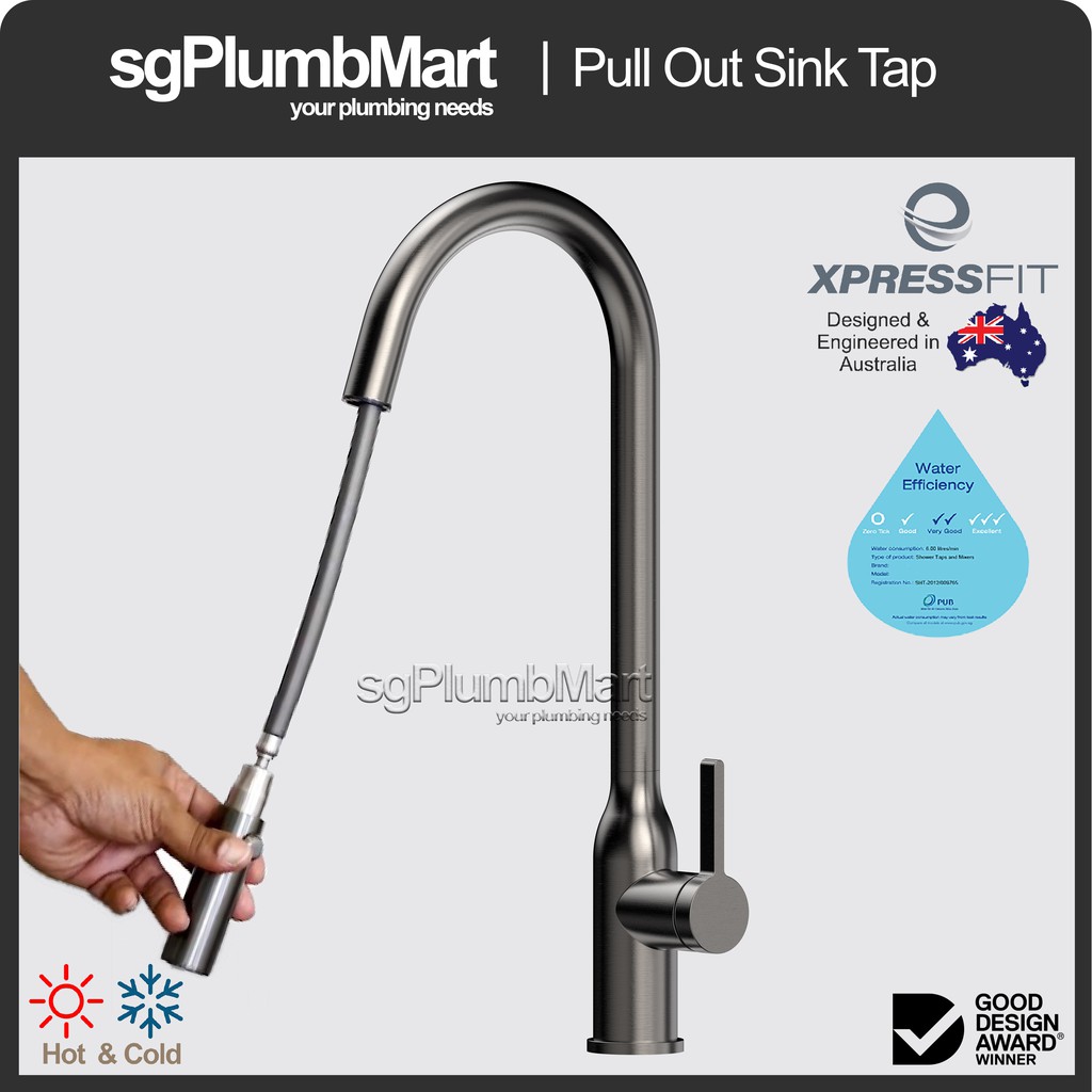 sgPlumbMart x XPRESSFIT Gun Metal Grey Retractable Kitchen Mixer Pull ...
