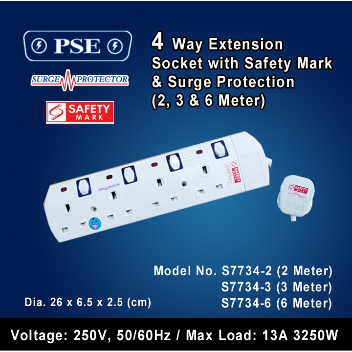 PSE 2/3/4/5/6 Way Extension Safety Socket with Surge Protection ...