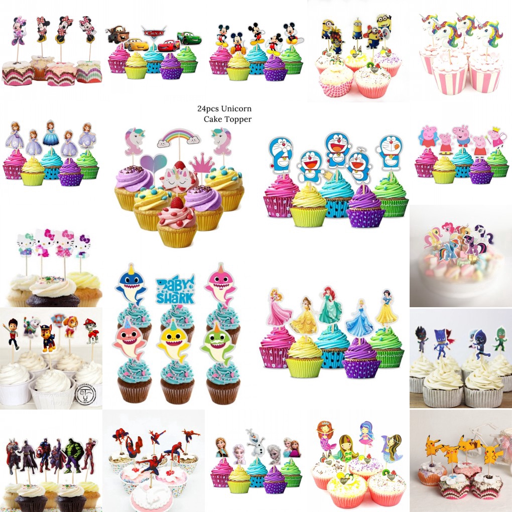 24pcs Cupcake Toppers Cute Cartoon Theme Cake Decorations Dessert Party ...
