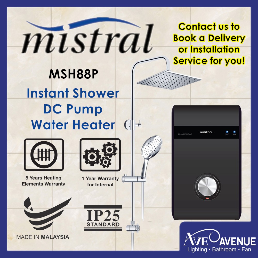 Mistral MSH88P Instant Water Heater with DC pump and Rain Shower Holder ...