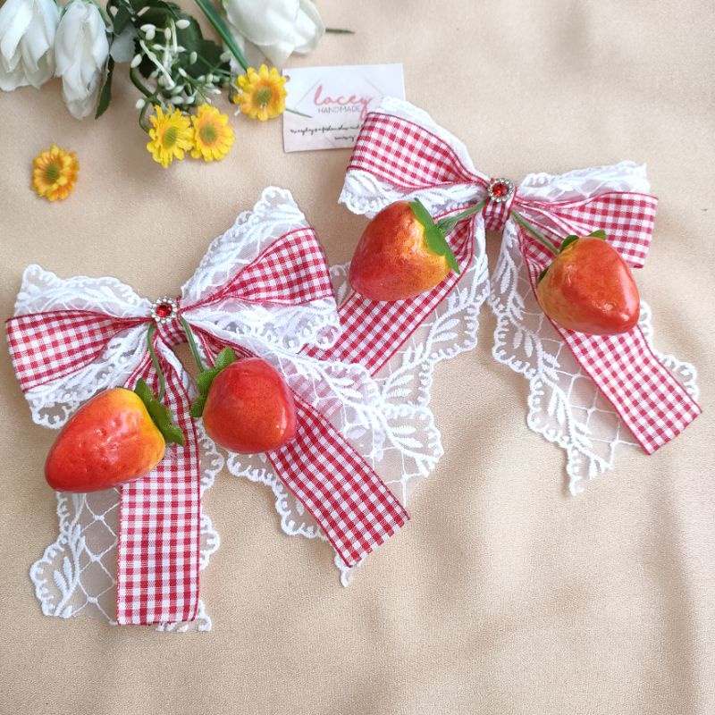 Laceyhandmade custom Ribbon bow brooch Hairpin Accessories strawberry ...