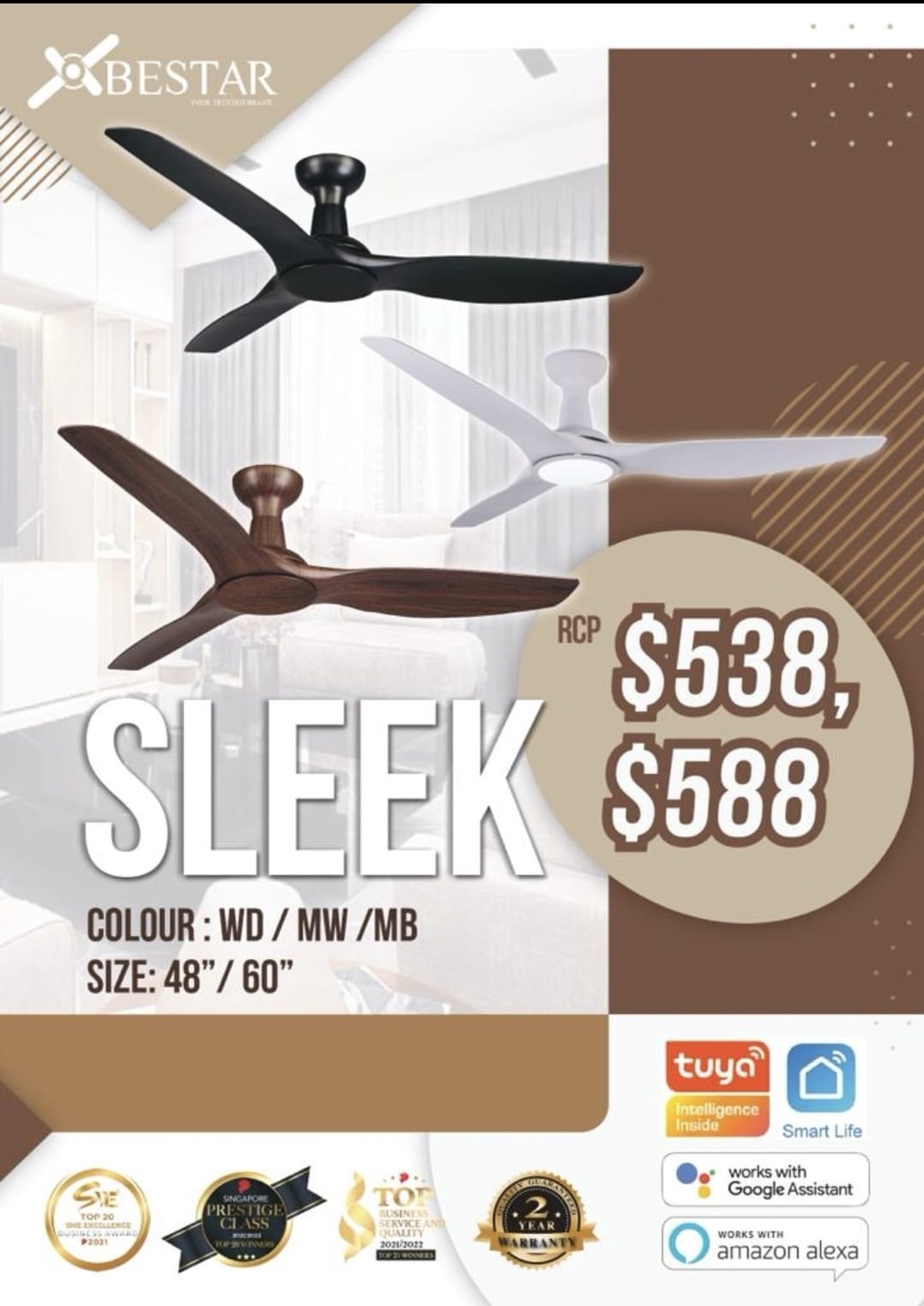 BESTAR SLEEK 3 Blade Ceiling Fan with optional 24W Tricolour LED Light ...