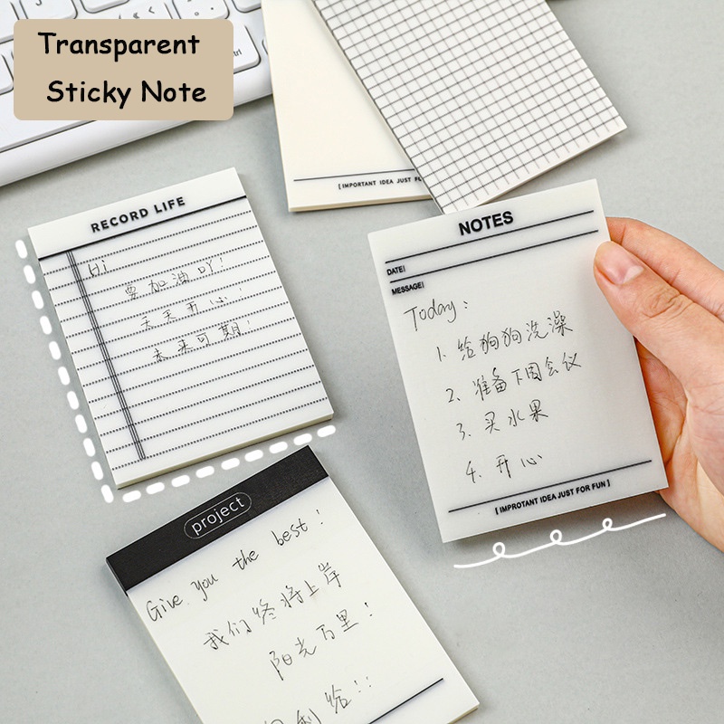 50 Sheets Transparent Plan Sticky Note PET Blank Note Grid Note Book ...
