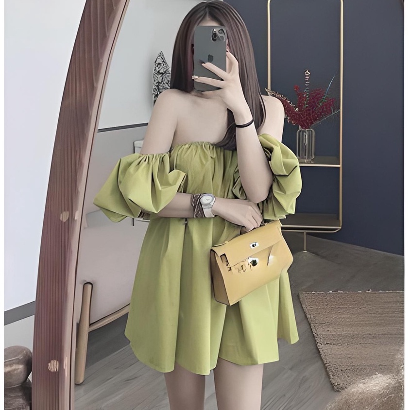 Multi-colored lady's off-the-shoulder dress with puffy sleeves, sexy ...