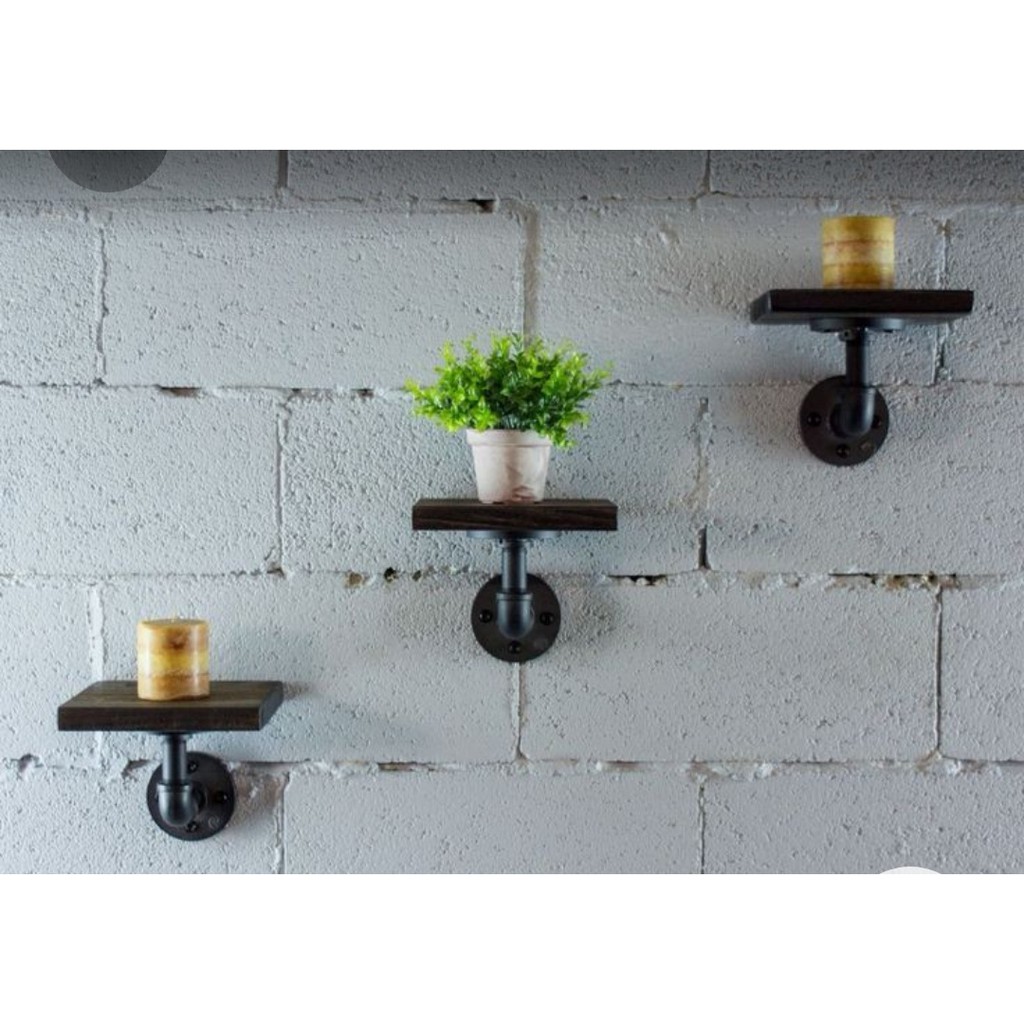 Solid Wood Wall Rack Natural Solid Hardwood + Galvanised Iron Pipe Loft ...