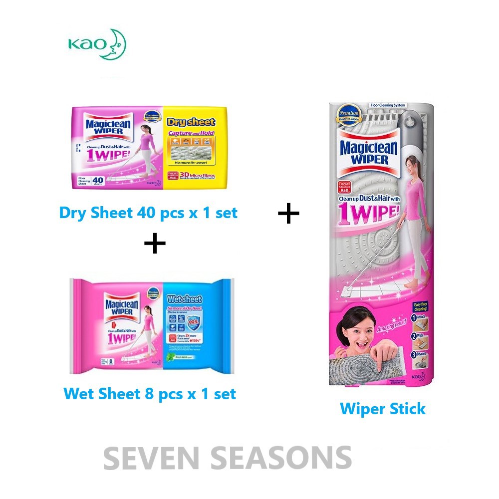 Kao Magiclean Wiper Mop Stick Set with Refill 40's dry sheet N 8's wet ...