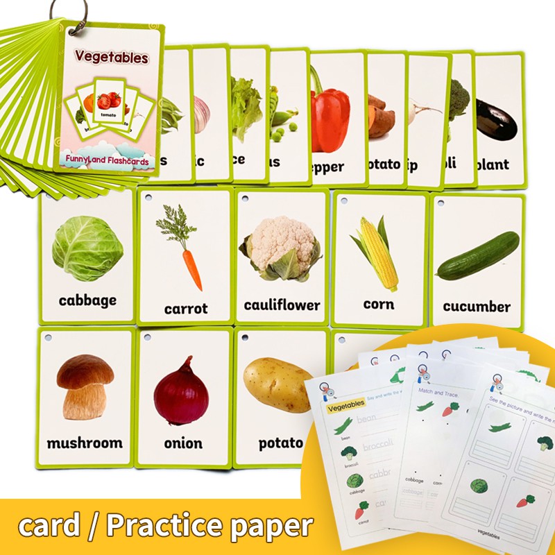 20Pcs/Set Children Vegetable English Flash Cards Practice Paper ...