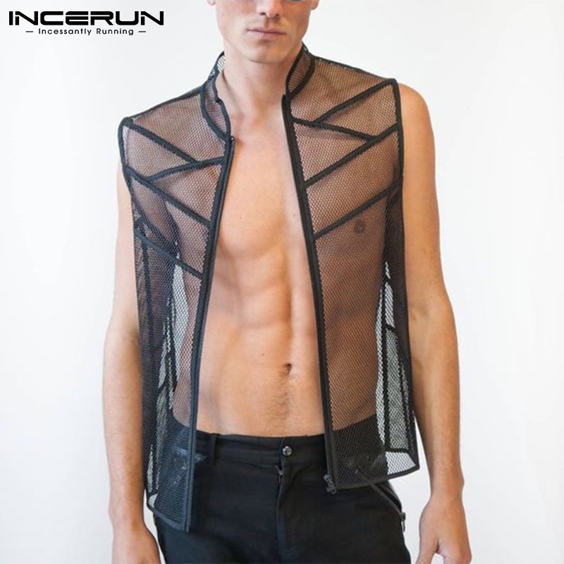 INCERUN Men Fashion Sleeveless Mesh Hollow Out See Through Zipper Up ...