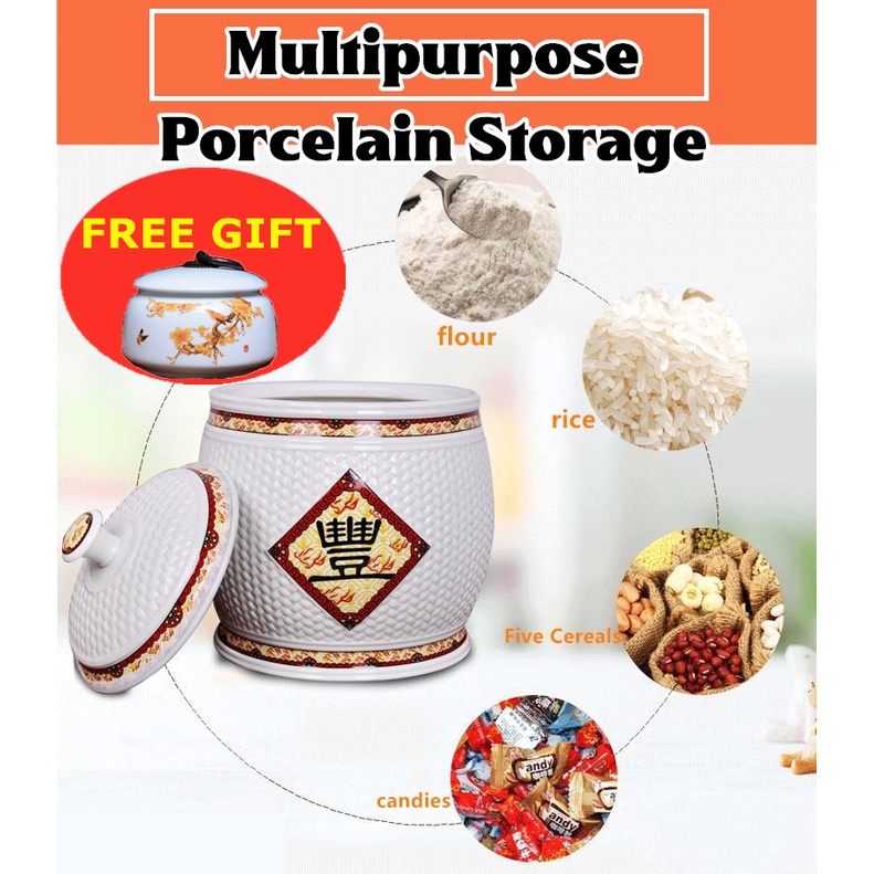 SG 【2.5kg/4kg/5kg/7.5kg/10kg/12.5kg Porcelain Rice Container】Ceramic ...