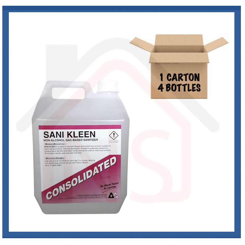 SANI KLEEN (1 CARTON 4 BOTTLES) Non-Alcohol Hand Sanitizer 5L | Shopee ...