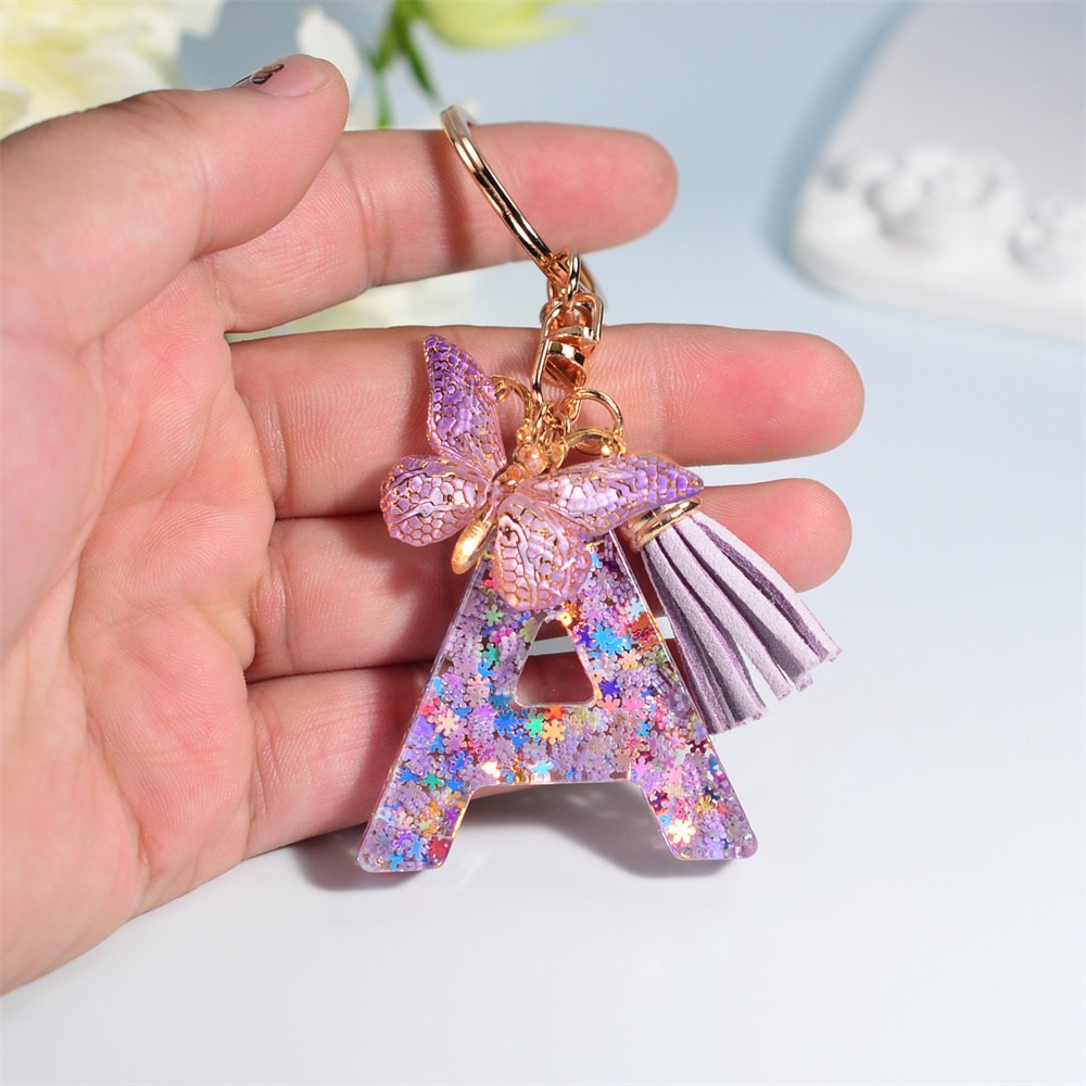 Exquisite A-Z 26 Letter Resin Keychain With Butterfly Pendant Snow ...