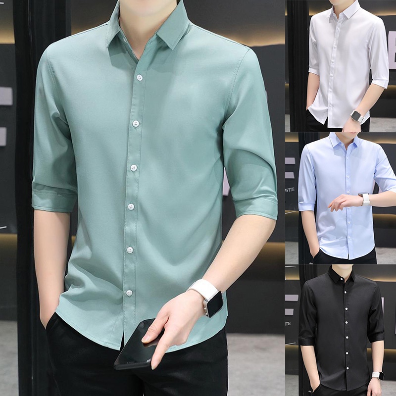 Men's Quality 3 4 Sleeves Ice Silk Trend Plain Formal Shirt Korean ...