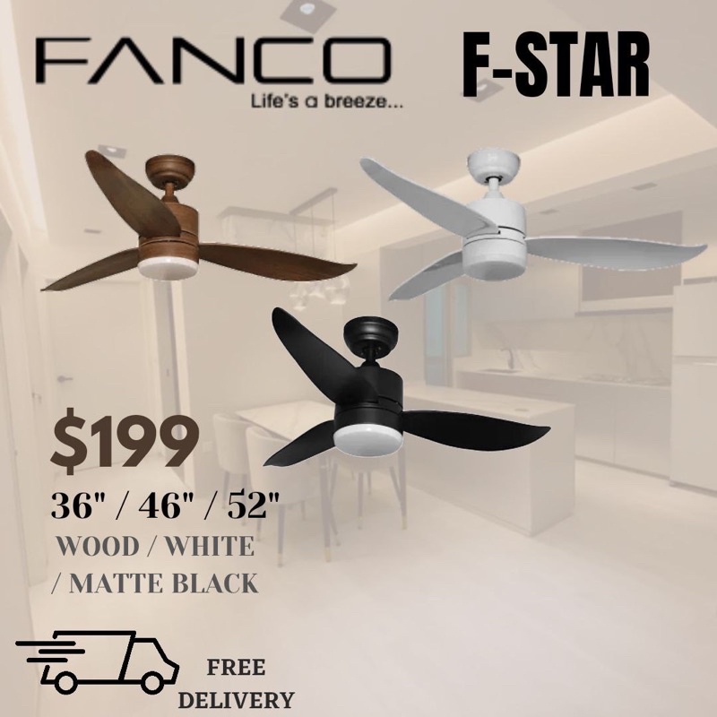 Fanco Fstar ceiling fan with light 36/46/52 inch dc motor with 3 tone ...