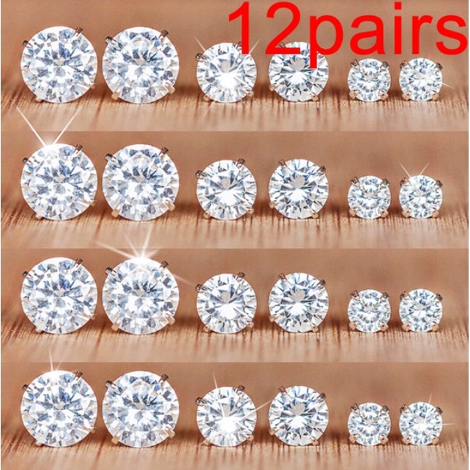 12 Pairs Silver Zircon Stud Earrings Set Various Kinds Size Round ...