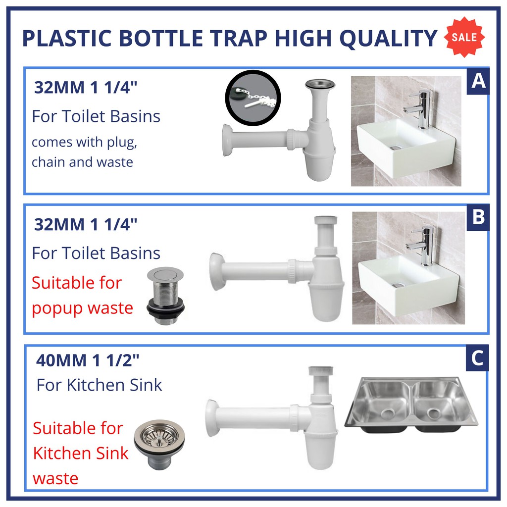 PVC White Bottle Trap for Ceramic Basin (32mm) and Kitchen Sink (40mm ...