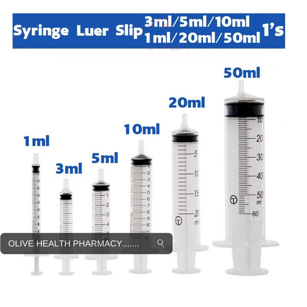 Syringe Luer Slip 1ml/cc,3ml/3cc,5ml/5cc,10ml/10cc,20ml/cc,30ml/cc, 50ml/cc 1's | Shopee Singapore