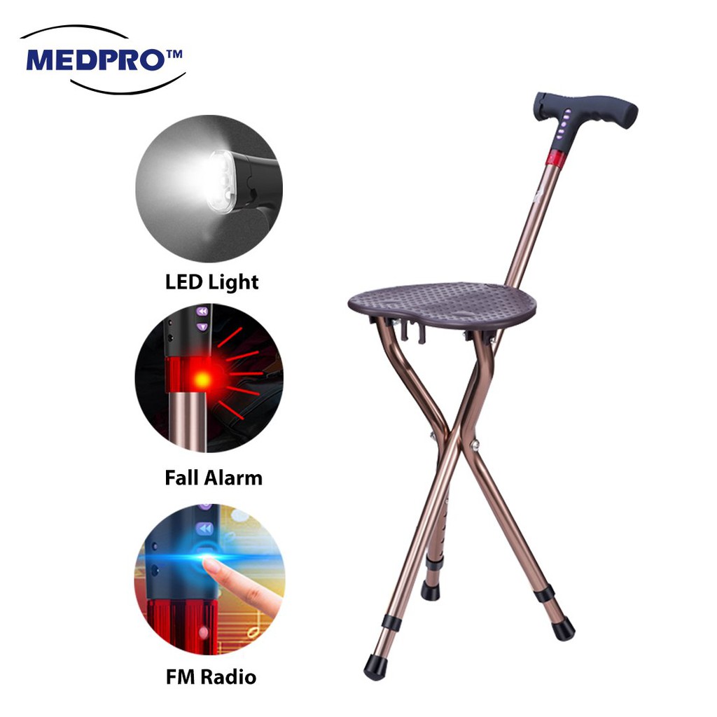 [NEW!] MEDPRO™ Foldable Seat Cane with FM Radio, Night Light, Emergency ...