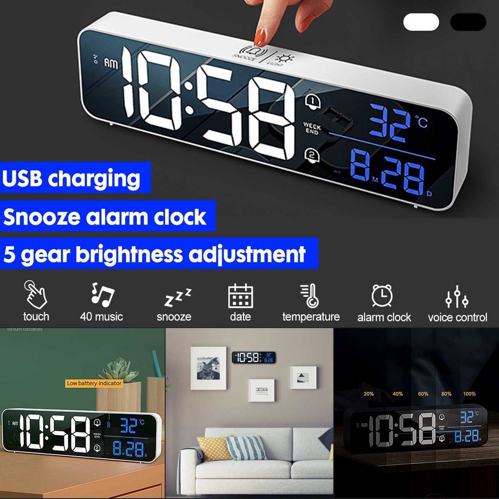 Digital Alarm Clock Dual Mode Wireless Digital Snooze Electronic Mirror ...