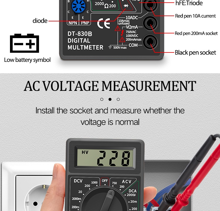 DT830B AC/DC LCD Digital Multimeter Mini Voltmeter Ammeter Ohm Tester ...