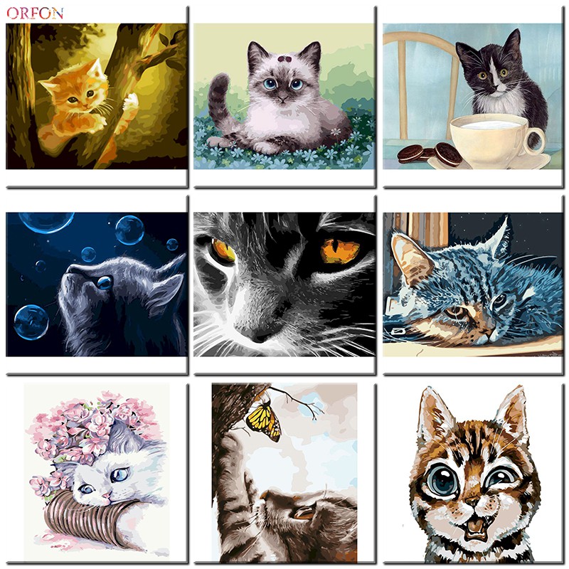 【ORFON】Kerajinan Tangan Super Cute Cat Paint By Numbers DIY Digital Oil Painting By Numbers On ...