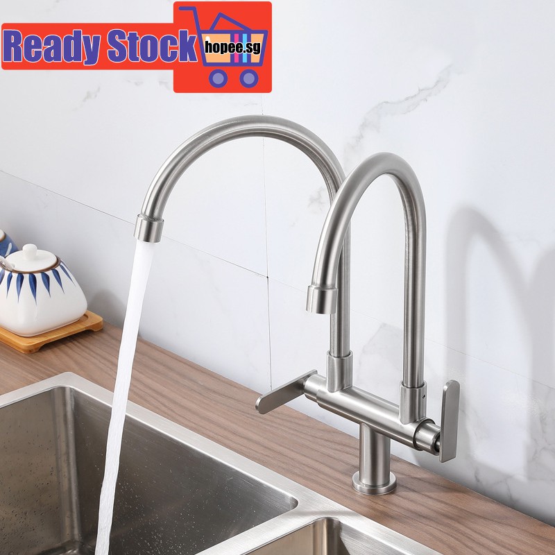Swivel Double Kitchen Faucet Twin Pillar Sink Tap Cold Water Stainless ...