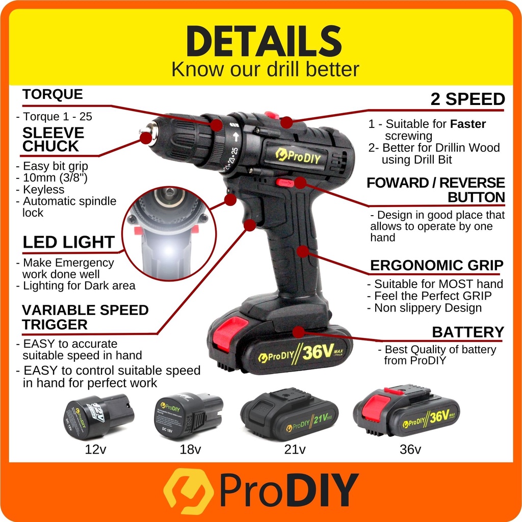 PRODIY DIB Cordless Drill Screwdriver 12v 18v 36v 2 Speed with Battery ...