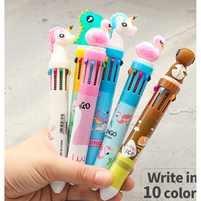 10 In 1 Color Pen Cartoon Press Ballpoint Pen 1pc (Flamingo dinosaur ...