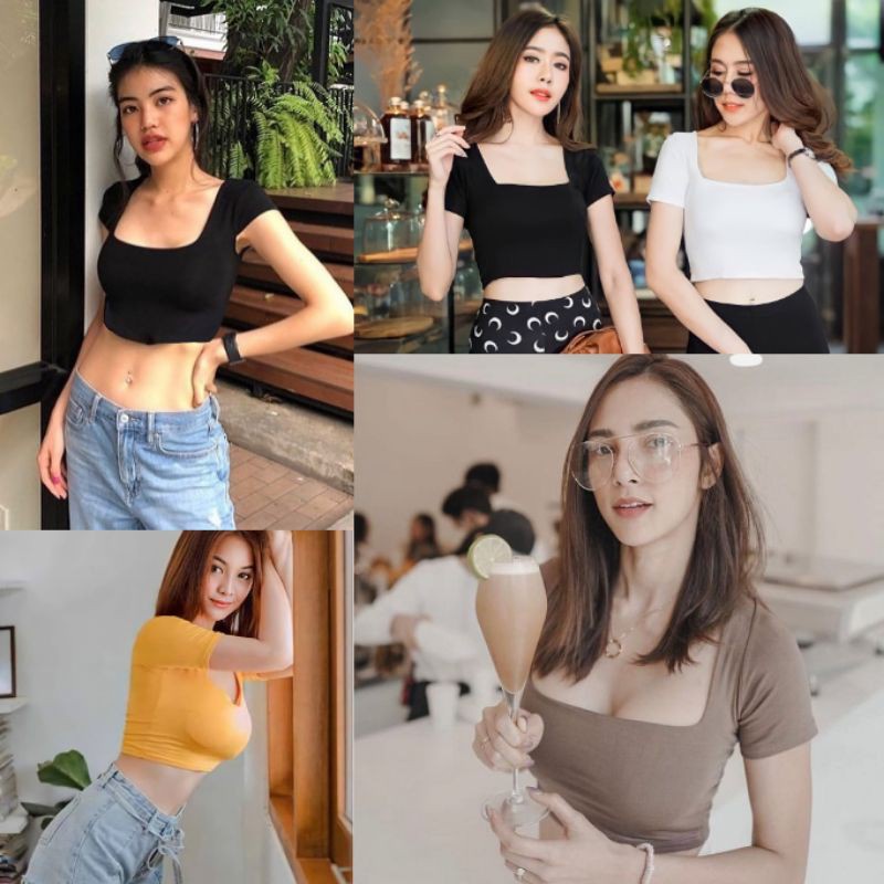 MesubShop Square Neck Crop Top Short Sleeve Basic Shape Must Have In The Closet. (193) | Shopee ...