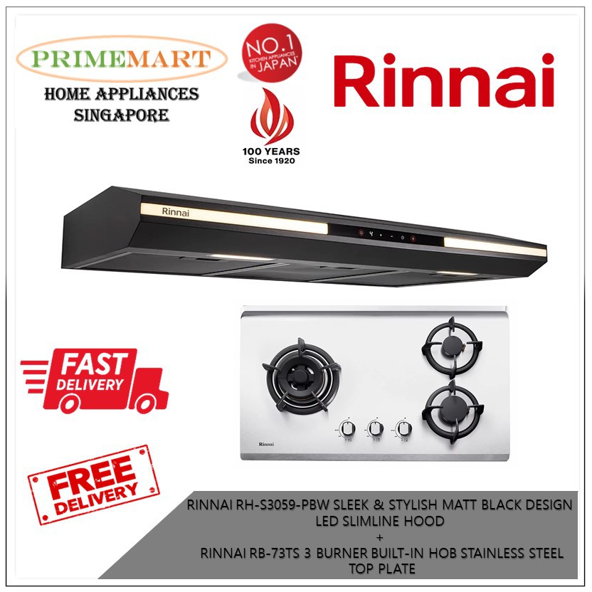 RINNAI RH-S3059-PBW SLIMLINE HOOD + RINNAI RB-73TS 3 BURNER BUILT-IN HOB BUNDLE *INSTALLATION ...