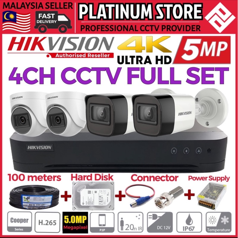 HIK HIKVISION 5MP Full Set 4-CHANNEL HD 4K 1920P CCTV 4CH DVR + Camera + Hard Disk + Power ...