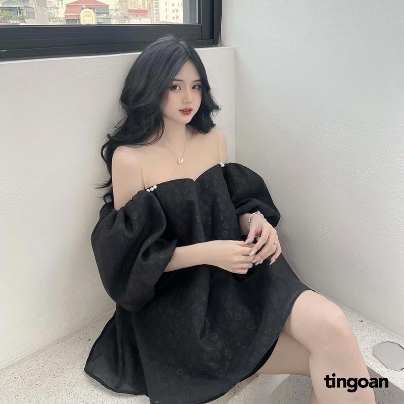 Tingoan - babydoll off-the-shoulder dress with 3-layer black rose mesh ...