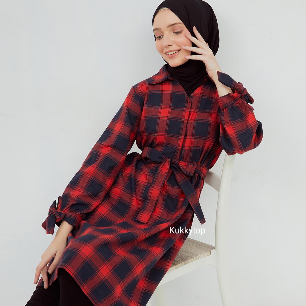 Kukky Top Tunic Fashion Muslim Hijab Women's Top Flannel Check Korean ...