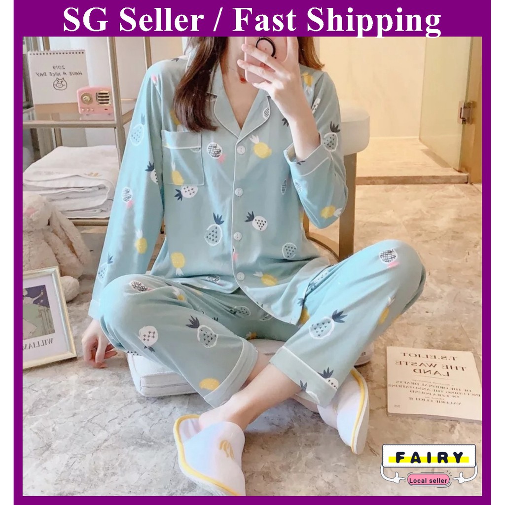 (SG Seller) Women Pajamas Set Long Sleeve Sleepwear Pyjamas Suit Two ...