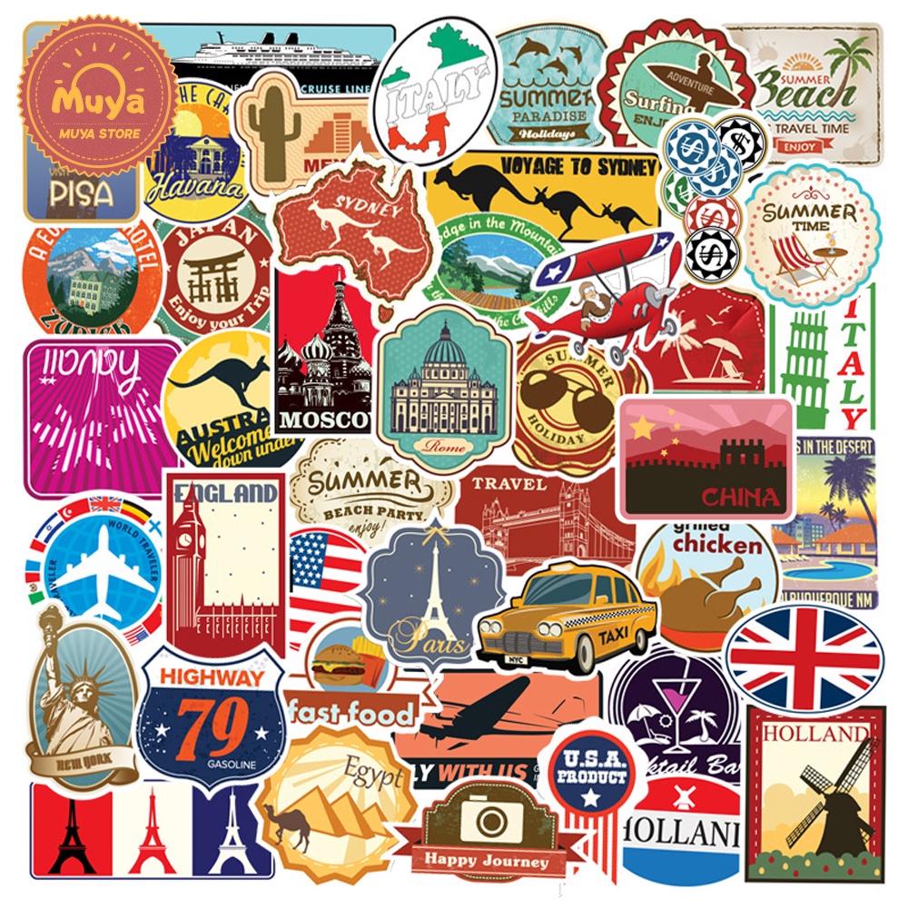 MUYA 100pcs Travel Around the World Stickers Pack Waterproof Building ...