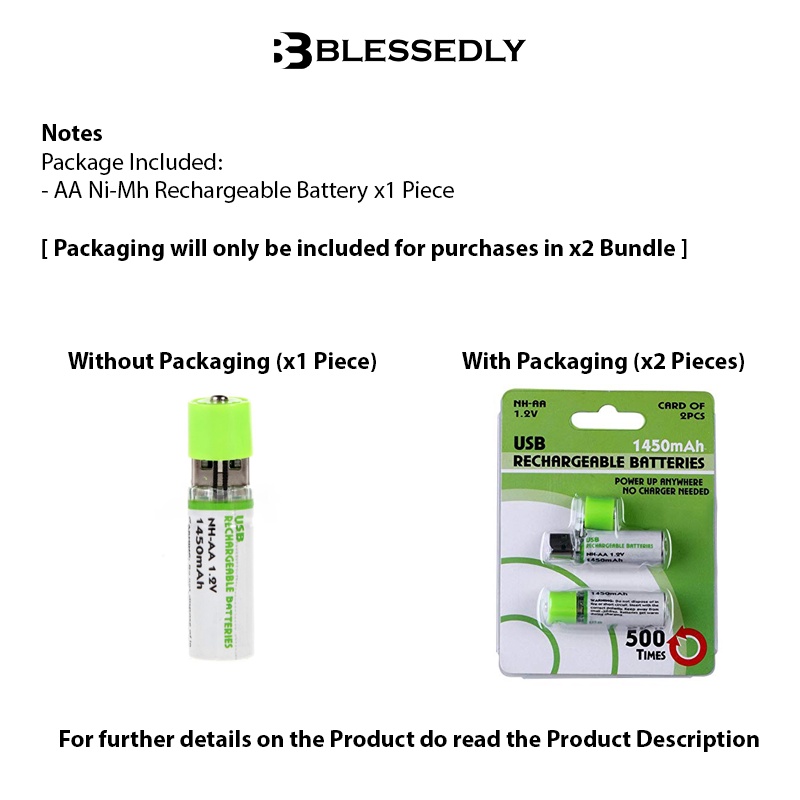 USB Rechargeable AA Batteries NI-MH 1.2V 1450mAh / AA Battery / AA ...