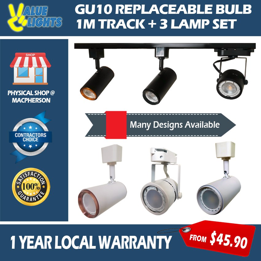 GU10 Replaceable Bulb Track Light Package (1M Track + 3 Lamps) Tri Tone ...