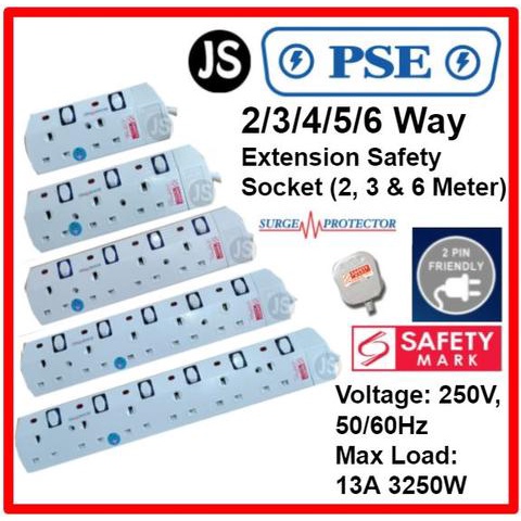 2/3/4/5/6 WAY Extension Socket (2, 3, 6 Meters) With Surge Protection ...