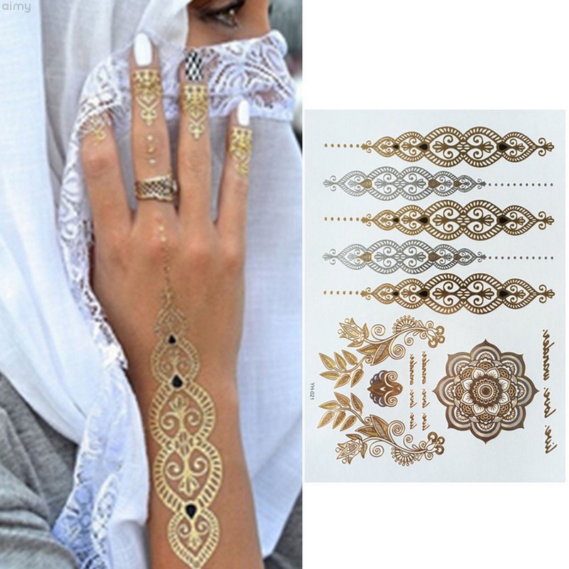 aimy Metallic Henna Waterproof Tattoo Stickers Temporary Body Art Decal ...