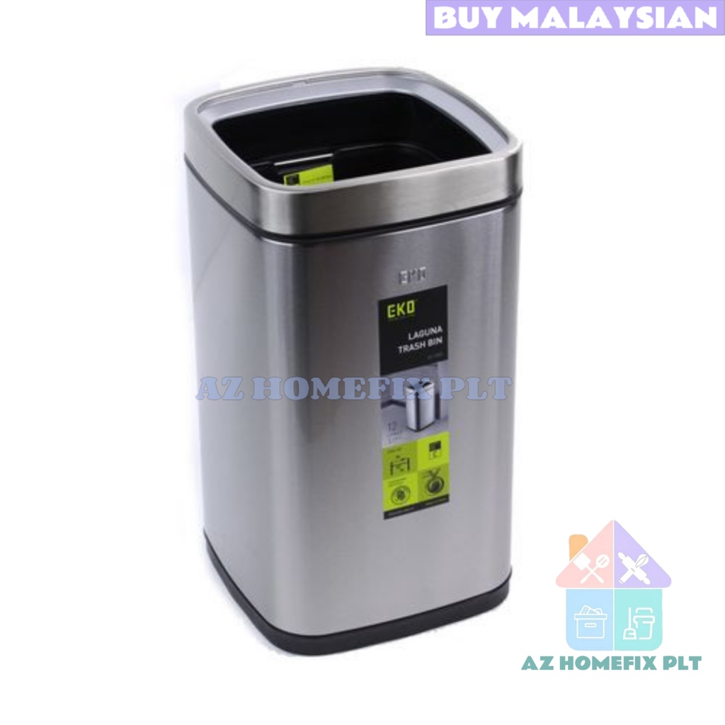 EKO LAGUNA OPEN TOP MATT Stainless Steel Litter Bin 12L Dustbin Garbage Bin Tong Sampah | Shopee ...